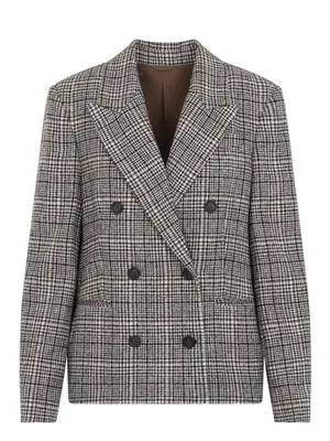 Brunello Cucinelli Double Breasted Checked Alpaca Wool Blend Jacket - Brown