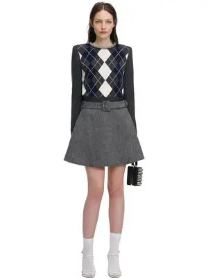 SELF-PORTRAIT Argyle Wool Sweater With Rhinestone Trim - Grigio