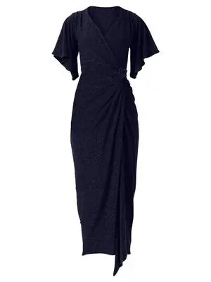SACHA DRAKE Navy Lurex Maxi Dress With Fluted Sleeves - Blue
