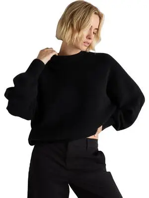 Quince 100% Mongolian Cashmere Slouchy Blouson Sleeve Crewneck Sweater - Black