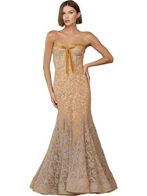 MAC DUGGAL COLLECTION Embroidered Lace Strapless Mermaid Gown - Orange