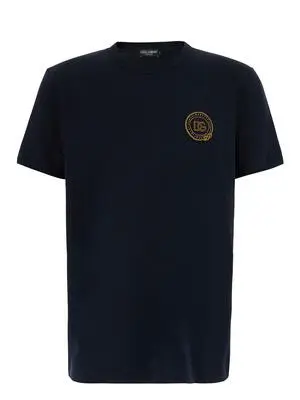 Dolce & Gabbana Blue Crew Neck T-shirt With Logo Embroidery On The Front In Cotton For - Multicolor
