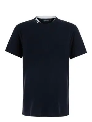 Dolce & Gabbana Blue Crew Neck T-shirt With Logo Patch On The Neck In Cotton For - Multicolor