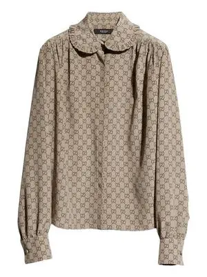 Gucci Printed Silk Crêpe De Chine Shirt With Ruffled Collar - Beige