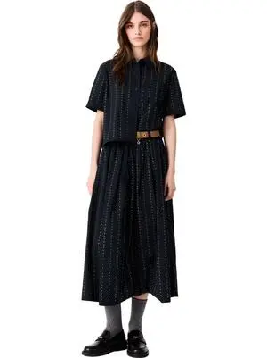 Maje Embellished Cotton Flared Maxi Skirt - Navy