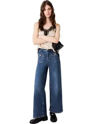Maje Wide-leg Cropped Denim Jeans With Patch Pockets - Blue
