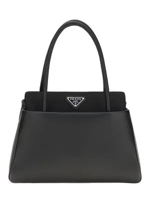 Prada Calfskin Leather Top Handle Bag With Triangle Logo - Black