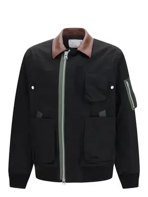 Sacai Cotton Bomber Jacket With Leather Details - Black
