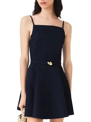 Maje Flared Mini Dress With Spaghetti Straps And Belted Waist - Navy