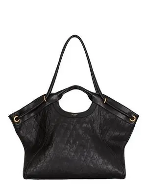 Balmain Large Tote In Topstitched Leather - Black