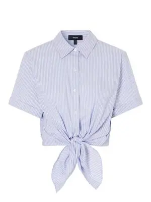 Theory Knotted Cropped Striped Cotton-blend Poplin Shirt - Blue