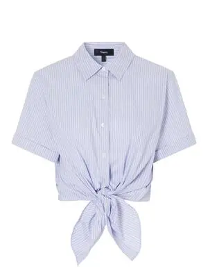 Theory Cropped Striped Cotton-blend Poplin Shirt With Front Tie Detail - Light Blue