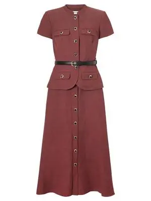 SELF-PORTRAIT Belted Peplum Midi Dress - Brown