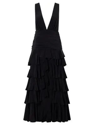 Johanna Ortiz A Map Of Gentle Winds" Tiered Ruffled Silk-crepe Maxi Dress - Black