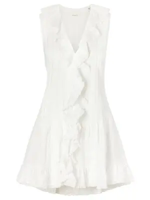 DÔEN Henrietta Ruffled Embroidered Ramie Mini Dress - White