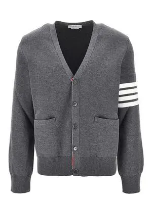 Thom Browne Cotton Cardigan With 4 Bar Detail - Grey
