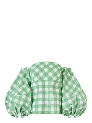 Rosie Assoulin Empire Balloon Sleeve Embroidered Gingham Blouse - Green