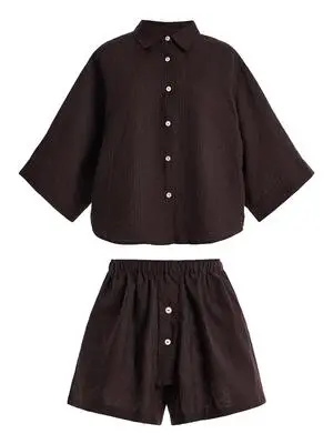 DEIJI STUDIOS 03 Striped Linen Short Set - Brown