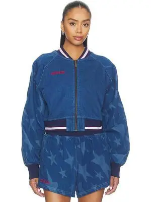 ADIDAS ORIGINALS Superstar Denim Graphic Varsity Bomber Jacket - Medium Blue Denim