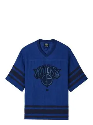 Giorgio Armani Linen T-shirt With Striped Edges And Kith For Knicks Logo - Blue