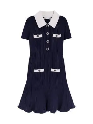 SELF-PORTRAIT Ribbed Mini Dress With Jewel Button Closure - Blue