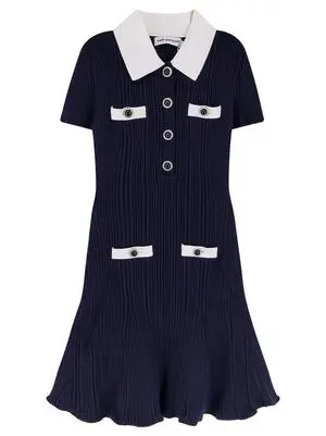 SELF-PORTRAIT Ribbed Mini Dress With Jewel Button Closure - Blue