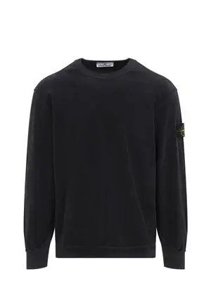 Stone Island Ribbed Cotton Crewneck Sweatshirt With Detachable Compass Badge - Gray