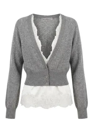 ERMANO SCERVINO White Cashmere Cardigan With Lace Detailing - Multicolor