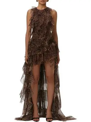 Naked Wardrobe Leopard Print Ruffled Chiffon High-low Dress - Spotted Leopard
