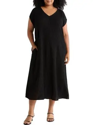 Eileen Fisher V-neck Cap Sleeve Crinkle Dress - Black