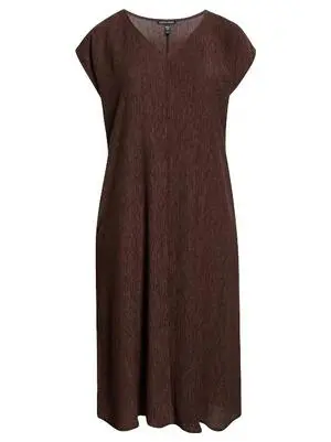 Eileen Fisher V-neck Cap Sleeve Crinkle Dress - Truffle