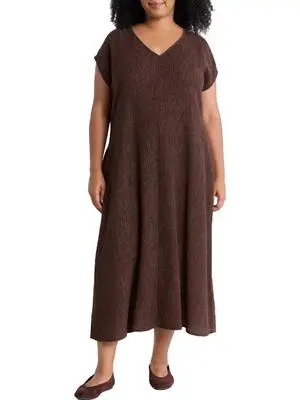 Eileen Fisher V-neck Cap Sleeve Crinkle Dress - Truffle