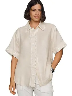English Factory Linen Buttondown Shirt With Scalloped Crochet Trim - Beige