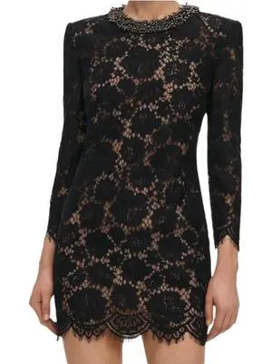 SELF-PORTRAIT Self-Portrait Lace Long Sleeve Mini Dress With Embellished Neckline