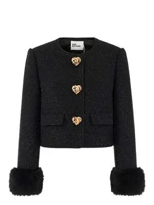 SELF-PORTRAIT Metallic Boucle Jacket With Detachable Faux Fur Cuffs - Black