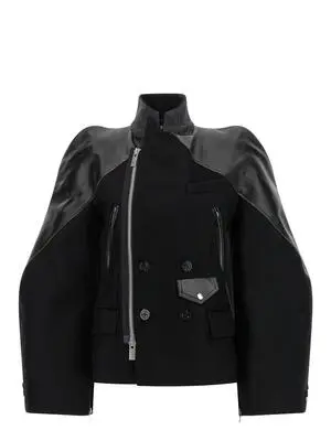 Sacai Melton Wool Jacket With Asymmetric Zipper And Leather Details - Black