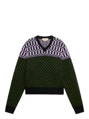 Marni Geometric Motif V-neck Jumper - Stone Green