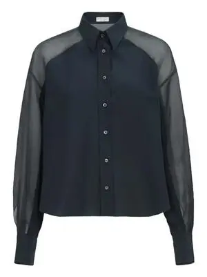 Brunello Cucinelli Silk Crêpe De Chine Paneled Shirt With Monili Embellishment - Blue