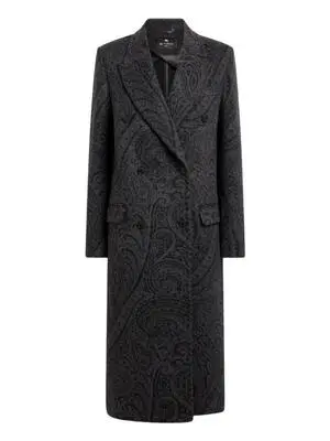 Etro Double-breasted Wool Jacquard Coat With Paisley Motif - Grey