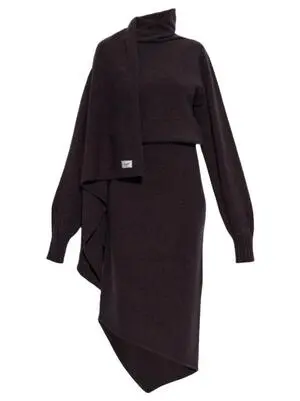 Attico Asymmetrical High Neck Long Sleeve Knit Dress - Brown