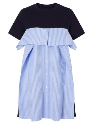 Sacai Paneled Ruffled Cotton-jersey And Poplin Mini Dress - Blue