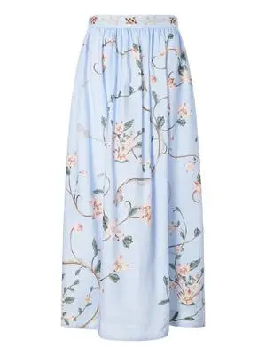 Agua Bendita Embroidered Floral Linen Maxi Skirt - Blue