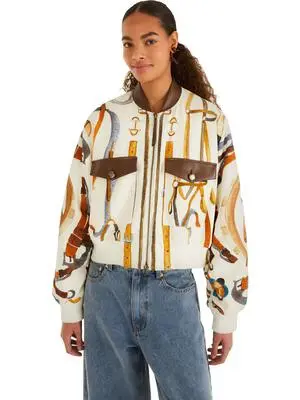 Farm Rio Off-white Printed Bomber Jacket With Leather Pockets - Orange