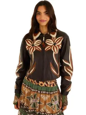 Farm Rio Flower Cutwork Leather Jacket - Brown