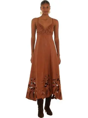 Farm Rio Monstera Cutwork Leather Midi Dress - Brown