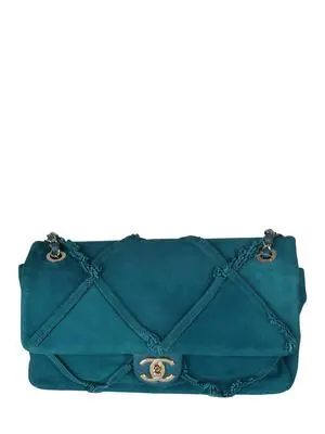 Chanel Teal Suede Goatskin Diamond Fringe Flap Bag - Blue