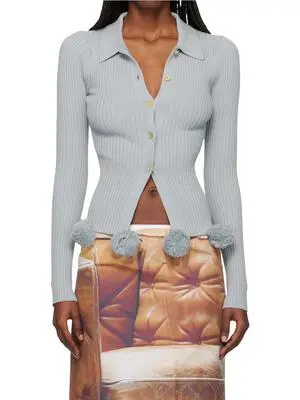 CONNER IVES Ribbed Cardigan With Pom-pom Hem - Grey