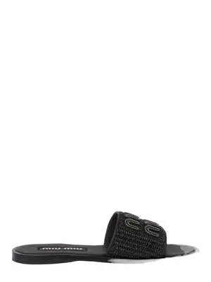 Miu Miu Raffia-effect Woven Fabric Slides With Lettered Logos - Black