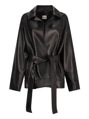 Khaite Collared Leather Jacket With Tie Detail - Black
