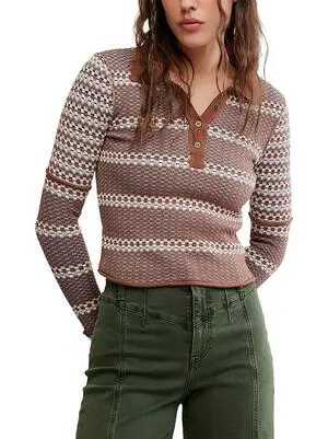 Free People Long Sleeve Collared Printed Top - Brown Combo